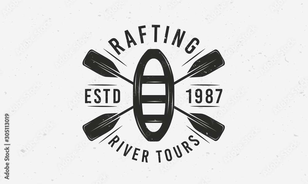 Rafting logo with raft and crossed paddles silhouettes. Vintage ...