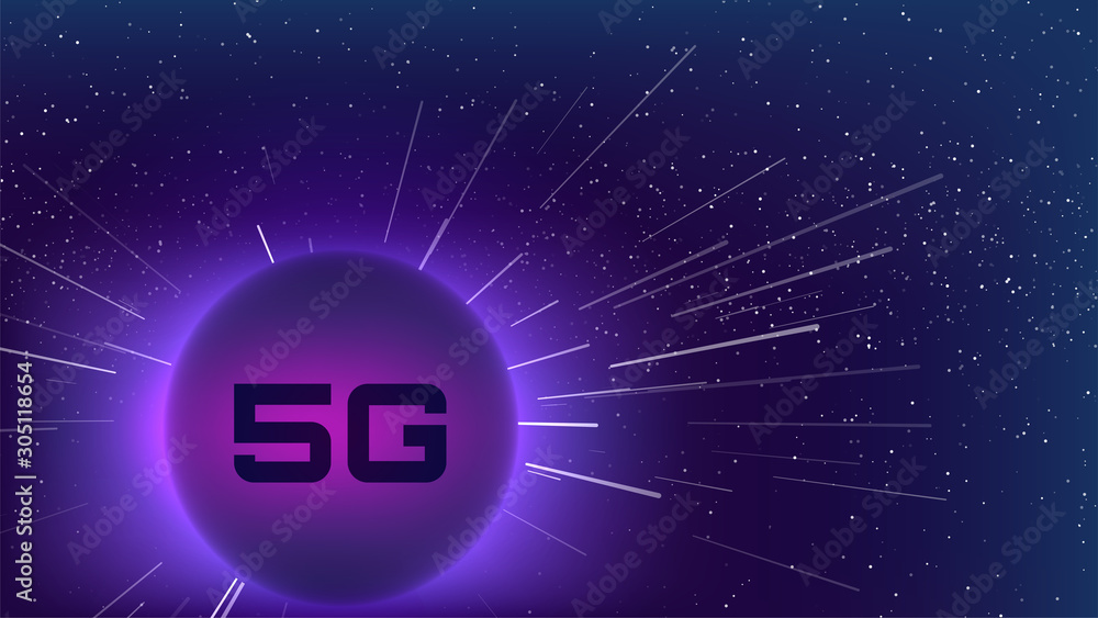 5G banner. New generation of telecommunication technology. Dark letters ...