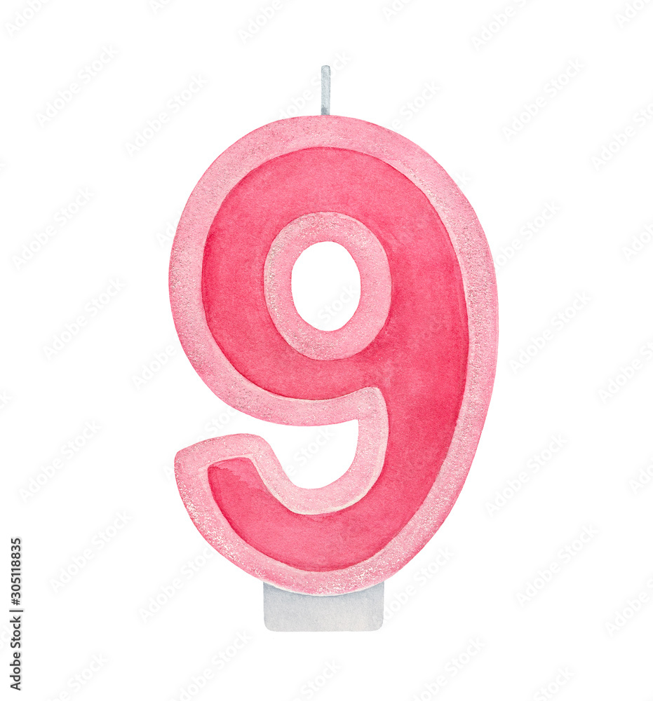 Watercolour illustration of pink "Number 9" candle, decorated with ...