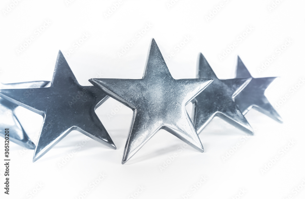 Isolated 5 stars. Winning concept. Silver stars with blue and purple ...