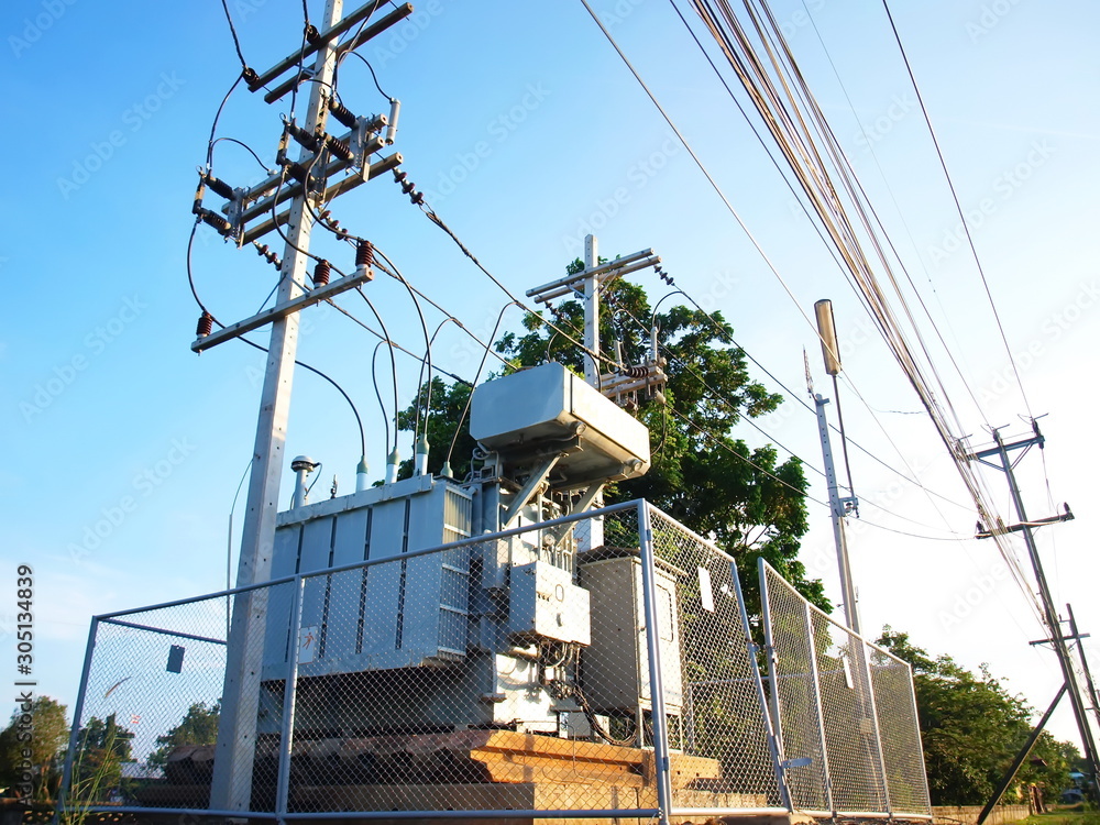 Large transformers installed on the side of the road With a high ...