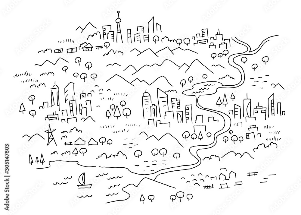 Vetor de Drawn map of the area. Cartoon city, mountain river and ...