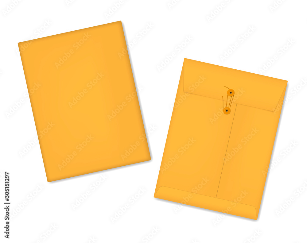 Vertical paper envelope file folder with string closure - front and back, realistic illustration ...
