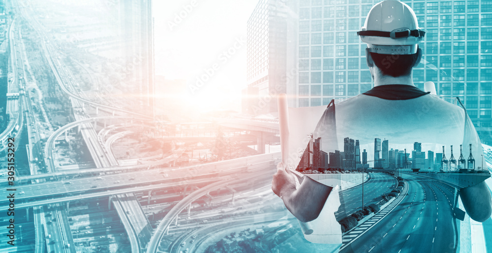 Future building construction engineering project concept with double ...