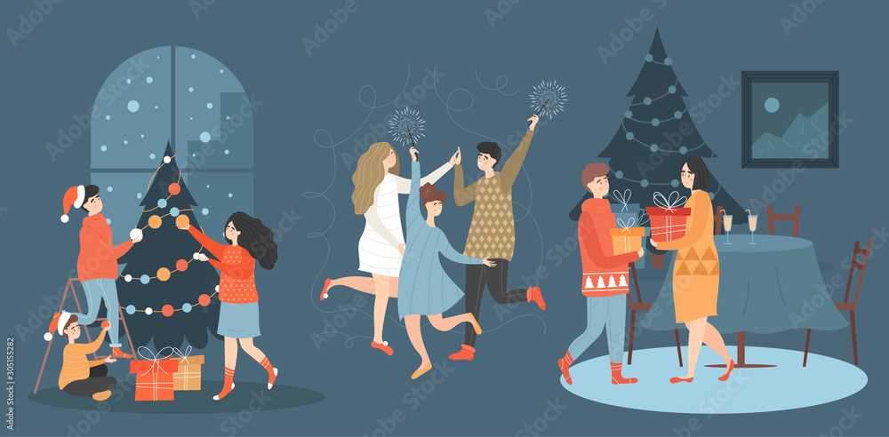 Set of illustrations with family, a group of friends and a couple ...
