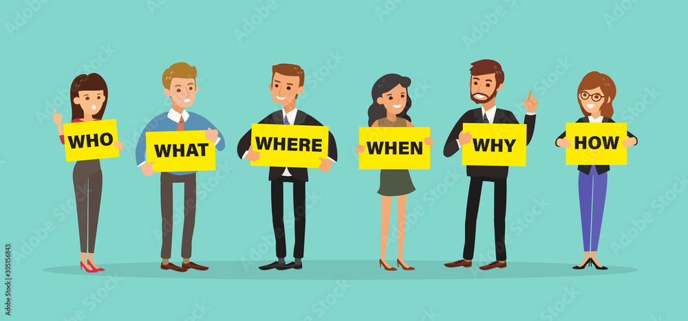 Group of business people holding board with WHO WHAT WHERE WHEN WHY HOW ...