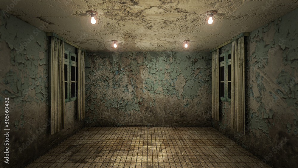 The interior design of horror and creepy damage empty room., 3D ...