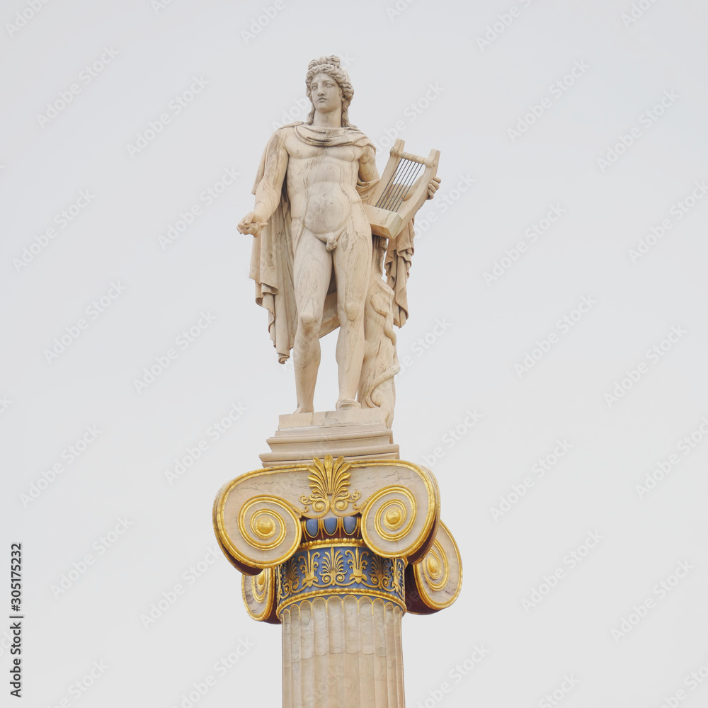 Apollo the ancient greek god marble statue, isolated on almost white ...