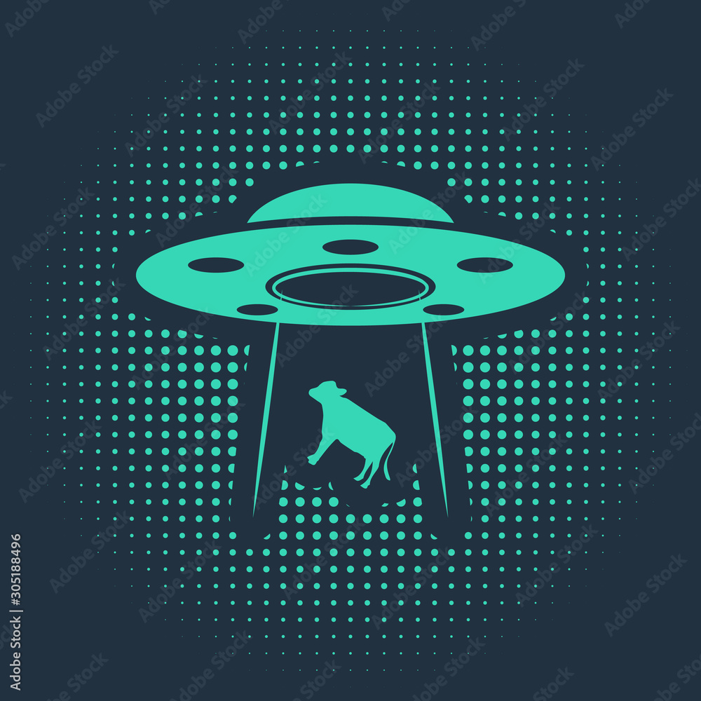 Green UFO abducts cow icon isolated on blue background. Flying saucer ...