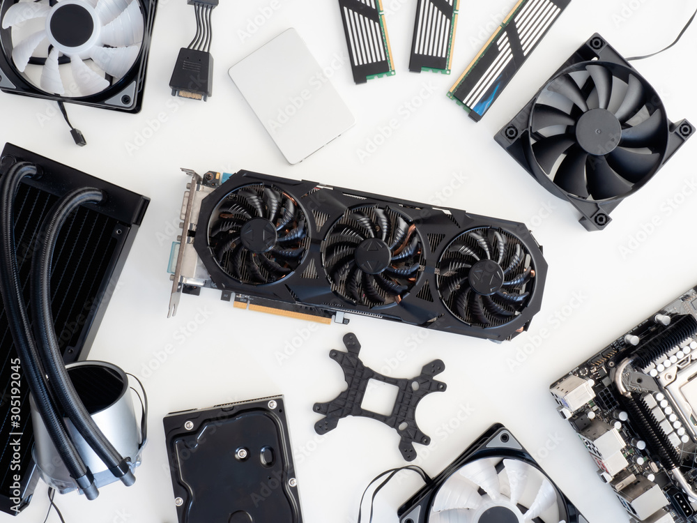 top view of computer parts with harddisk, solid state drive, ram, CPU ...