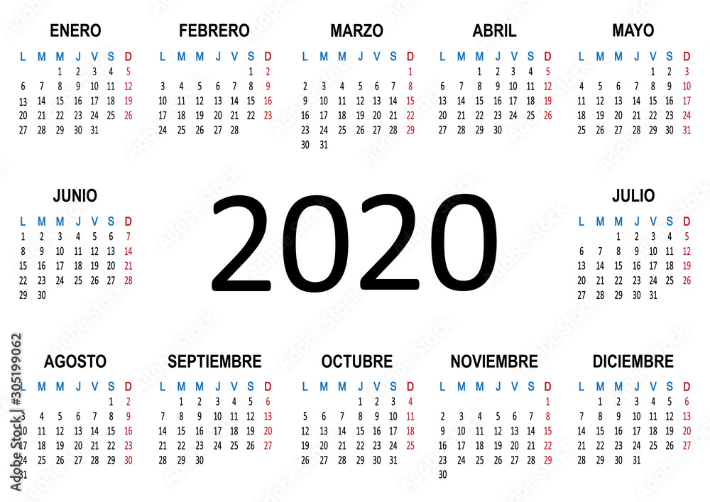 Yearly calendar Spanish 2020. Week starts Monday. Vector illustration ...