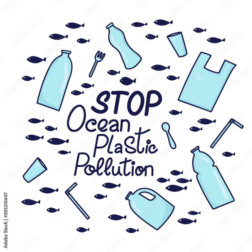 Stop ocean plastic pollution hand drawn lettering phrase. Plastic ...
