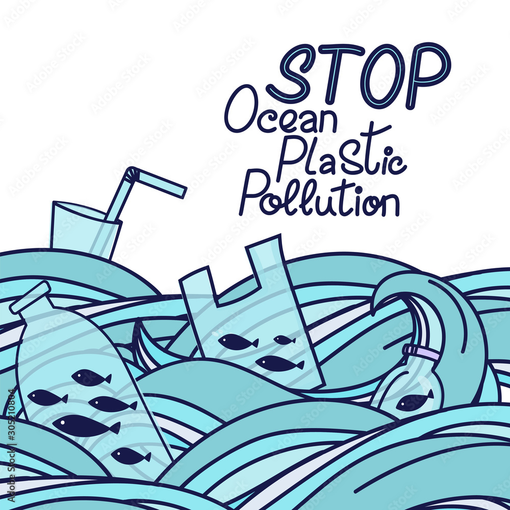 Save the ocean hand drawn lettering. Plastic garbage, bag, bottle ...