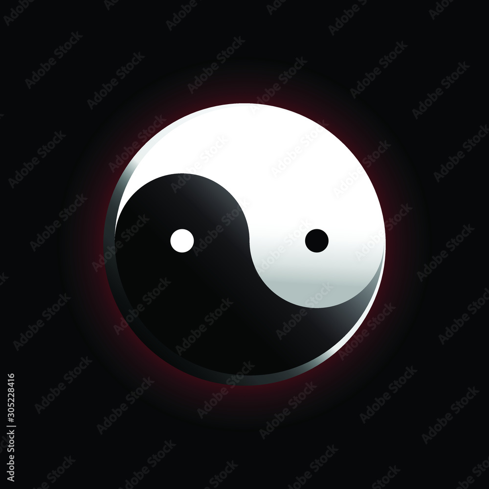 Yin-Yang black and white colours with dark red aura in black background ...