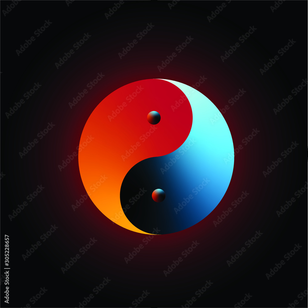 Yin-Yang dark orange and blue colours with dark red aura in black ...