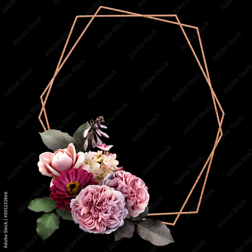 Floral polygonal geometric frame isolated on dark background. Pink ...