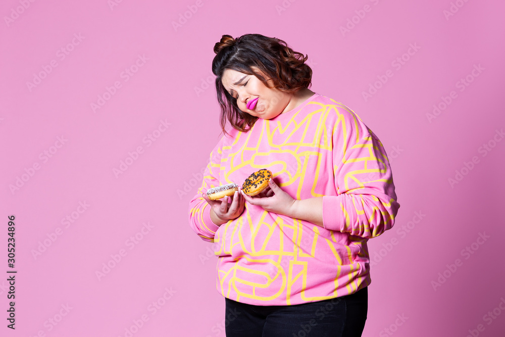 Sad plus size model with doughnuts, fat woman sadness and overeats on ...