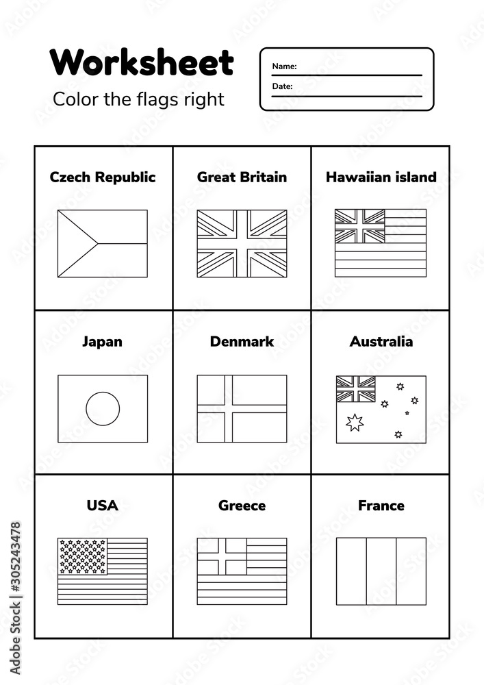 Worksheet on geography for preschool and school kids. Color the flags ...