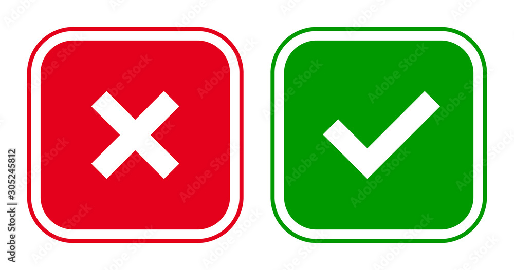 Set of square x and check mark icons, buttons. Flat cross and tick ...