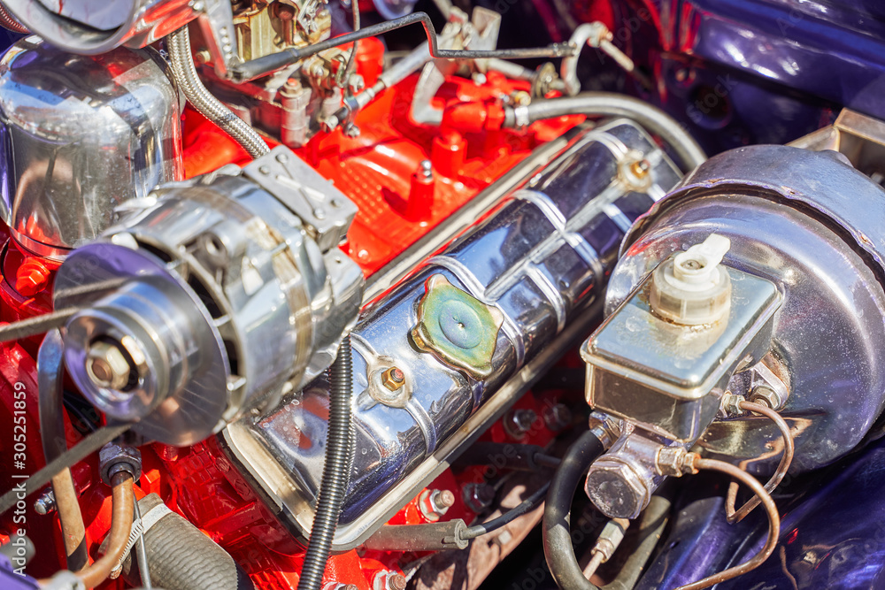 engine compartment of a restored retro car with a V-shaped engine Stock ...
