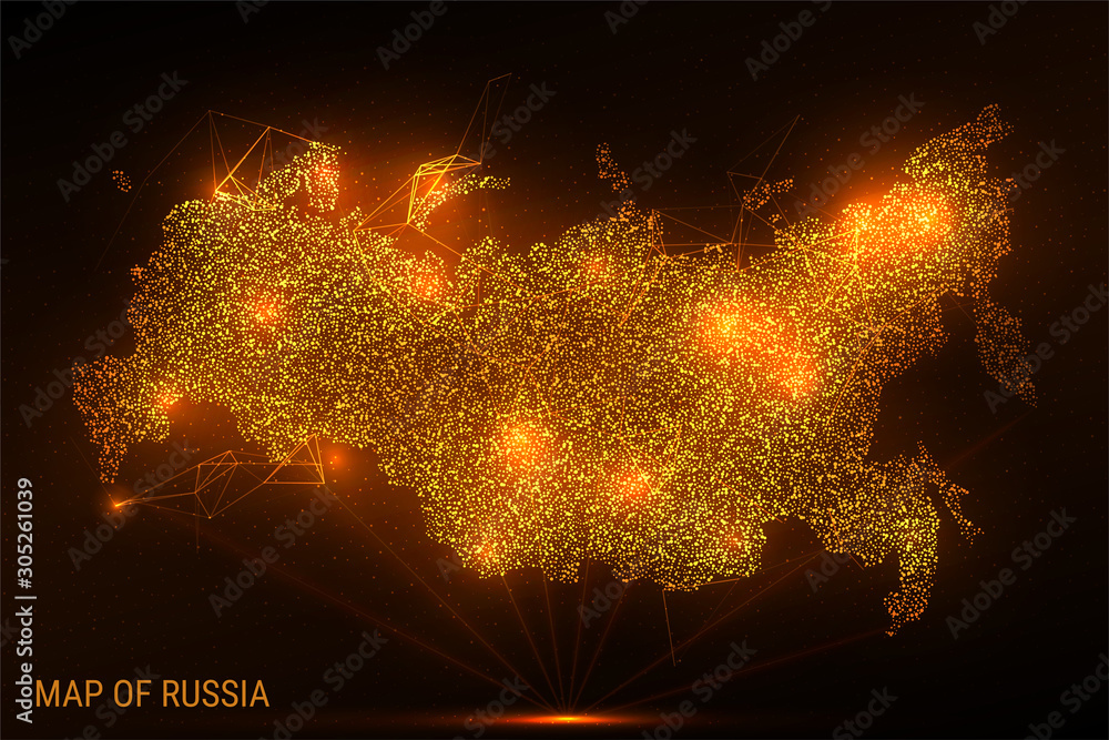 Light rays map of Russia. Hologram map of Russia. Golden glitter map of ...