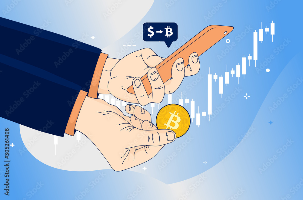 Bitcoin exchange app. Hand buying bitcoin on phone, chart in background ...