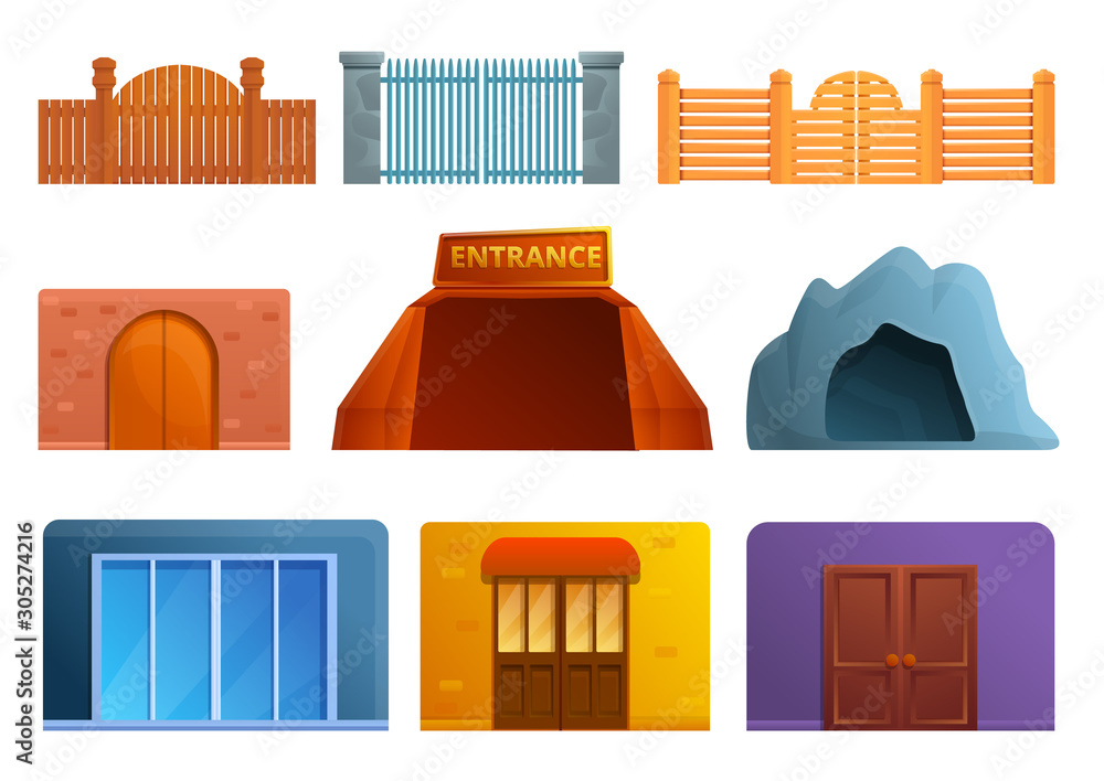Entrance icons set. Cartoon set of entrance vector icons for web design ...