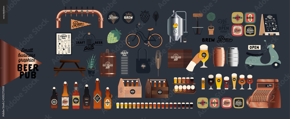 Brewery, craft beer pub -small business graphics - pub elements -modern ...