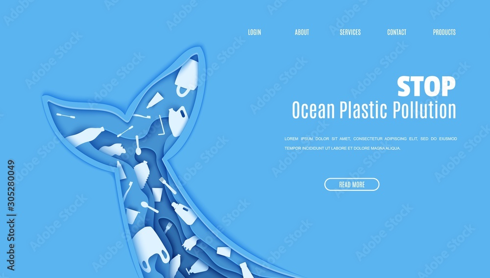 Web page design template stop ocean plastic pollution in paper cut ...