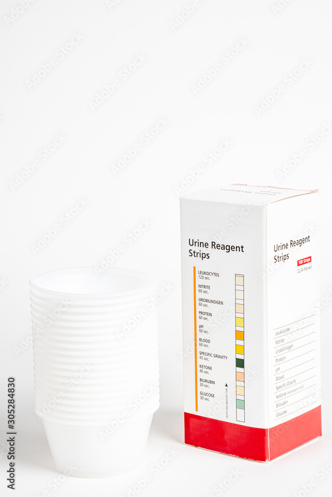 Urine Strips Box And A Stack Of Plastic Containers Stock Photo | Adobe ...
