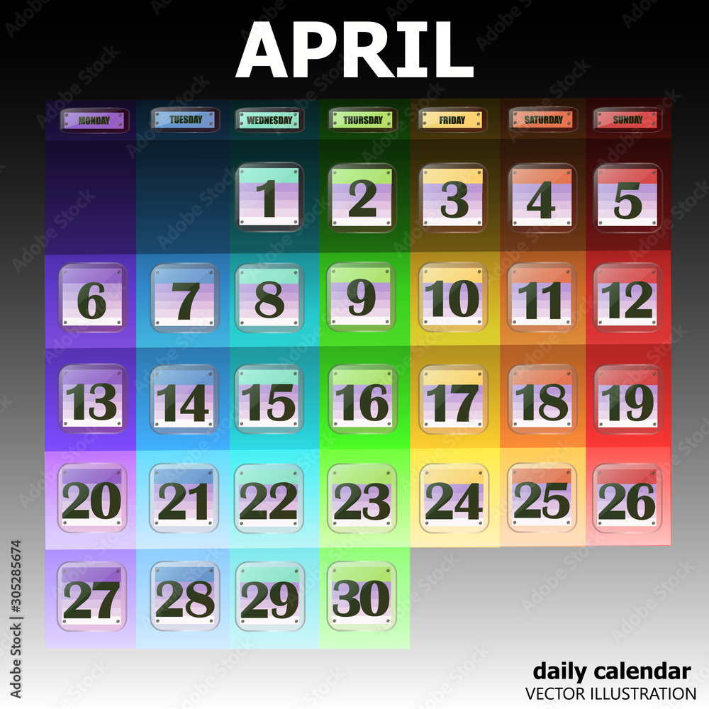 Colorful calendar for April 2020 in english. Set of buttons with ...