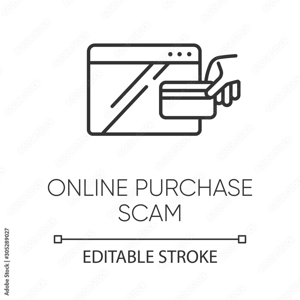 Online purchase scam linear icon. Internet shopping scheme. Fake ...