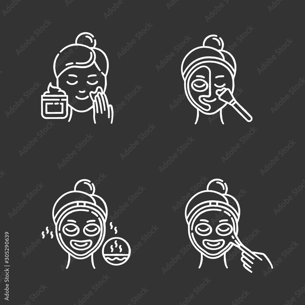 Skin care procedures chalk icons set. Applying exfoliating cream. Using ...