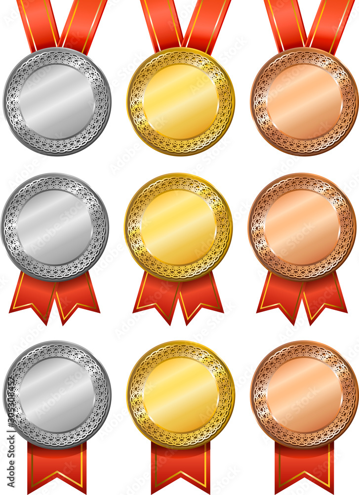 Blank medals set. Gold, silver and bronze award medals with patterned ...