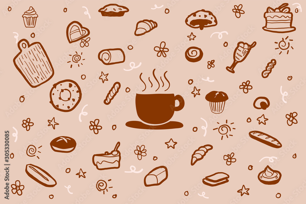 Drawing doodle of coffee and bakery set. Best for wallpaper or ...