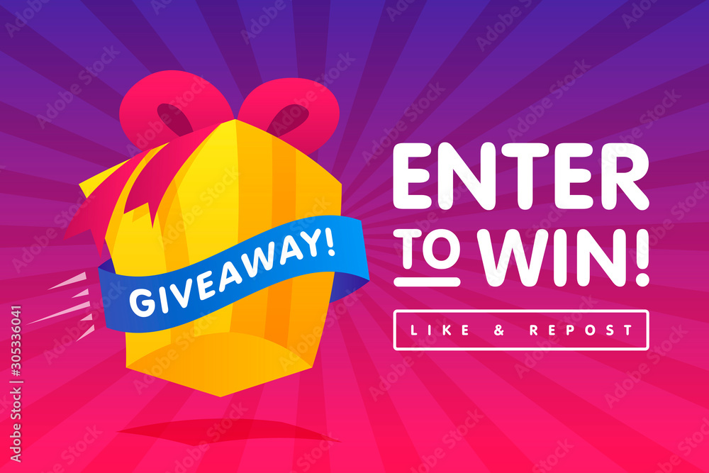 Enter to win prizes gift box. Cartoon style banner template. Vector ...