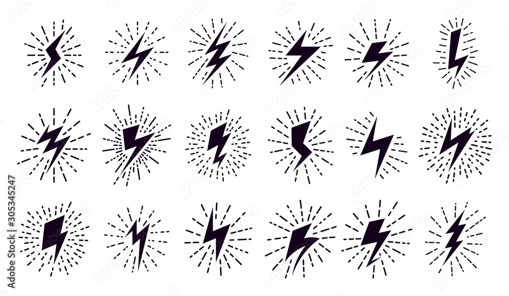 Power lightning. Striking electricity thunder bolt, retro shock ...