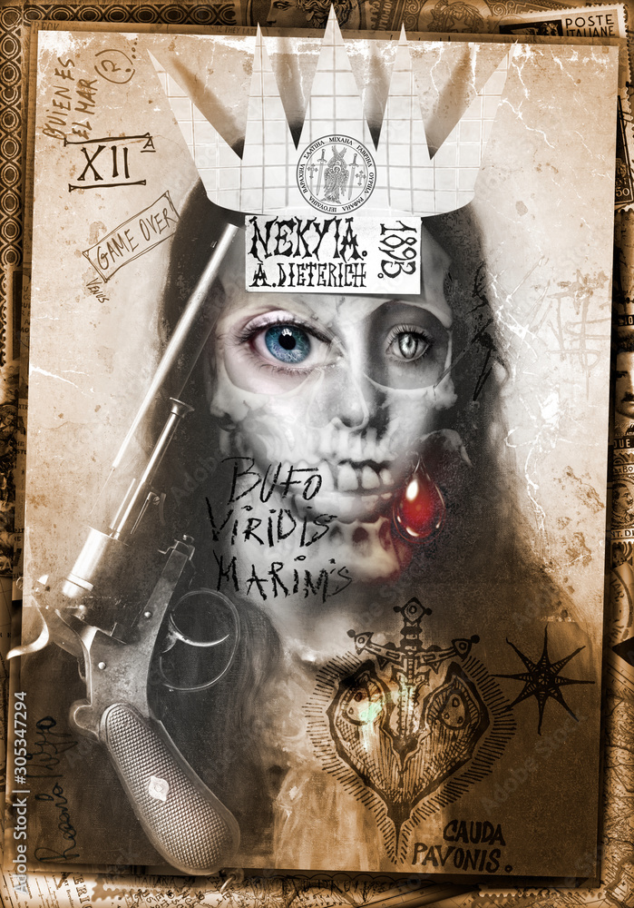 Collage with old macabre photographs. Alchemical, esoteric and ...