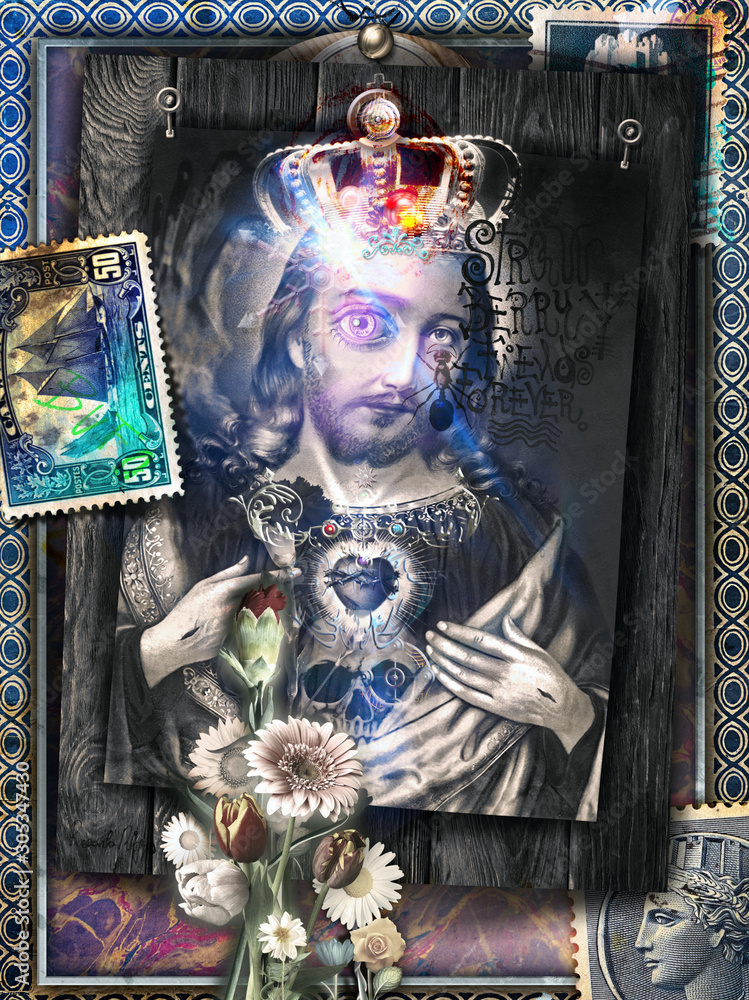 Collage with old macabre photographs. Alchemical, esoteric and ...