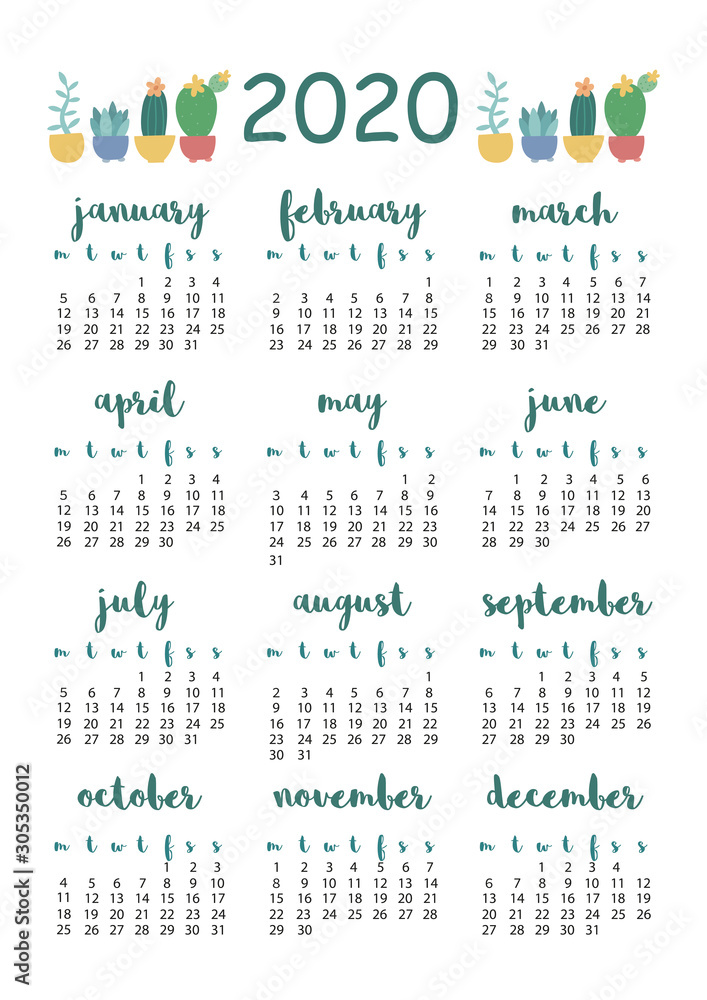 2020 calendar with plants, A4 format, printable page for notebook ...