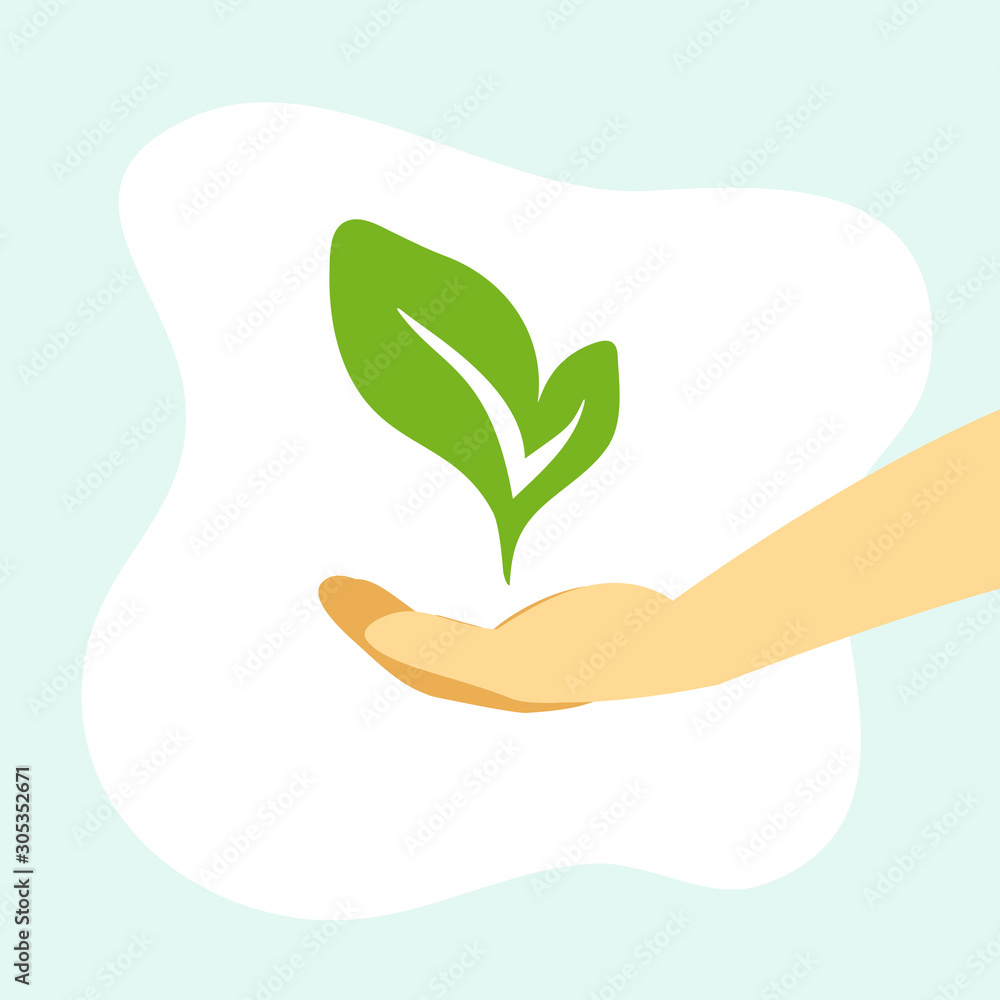 Vector illustration of hand with plant sprout. Symbol of care and ...
