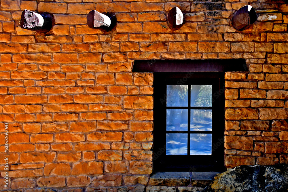 Viga (wooden beams) Architecture, flagstone wall and low window with ...