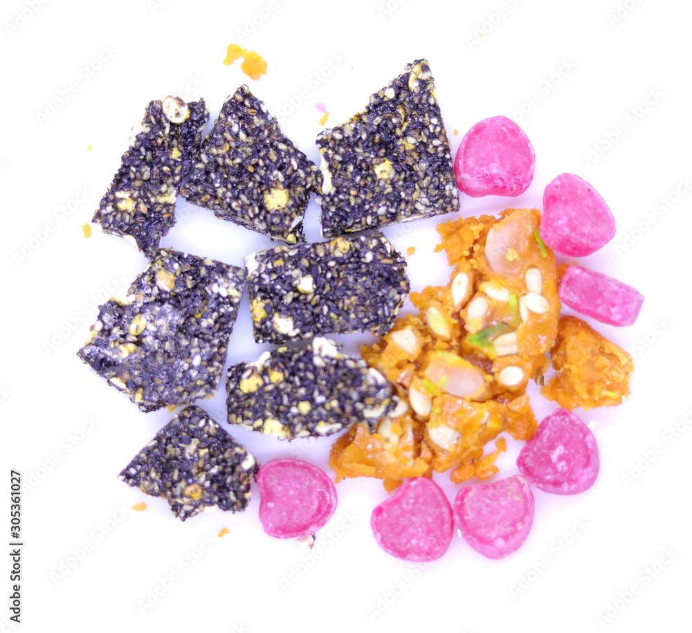 Indian Festival traditional sweets with candy's and copy space for text ...