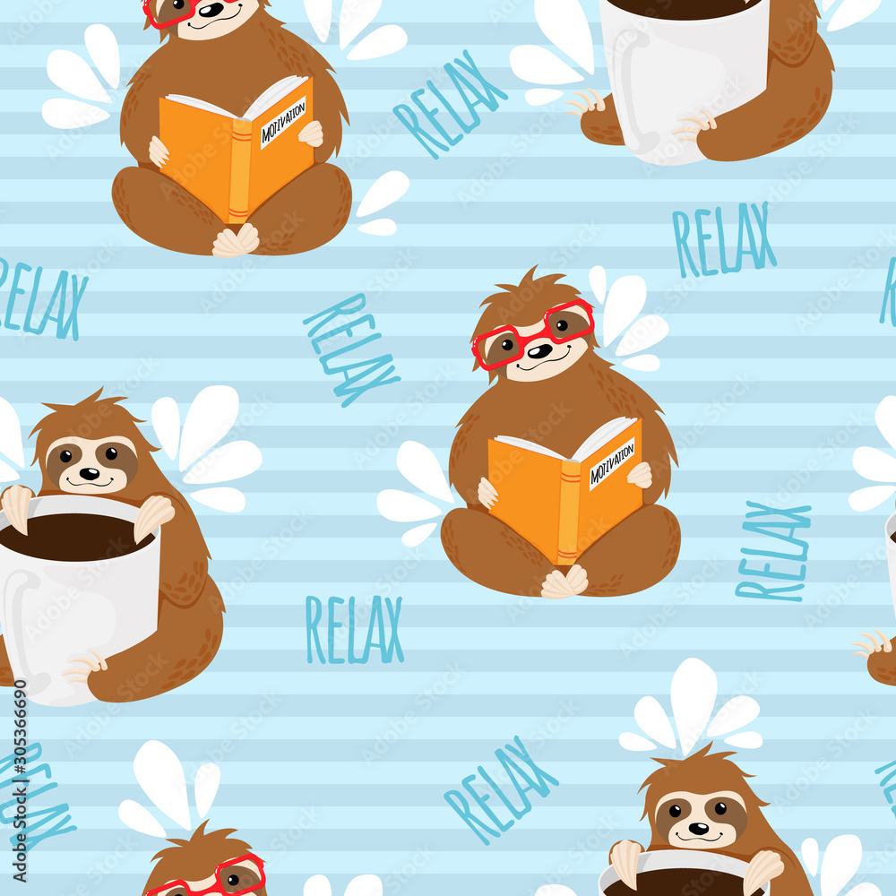 Vector seamless pattern with cute sloths bear reading motivation book ...