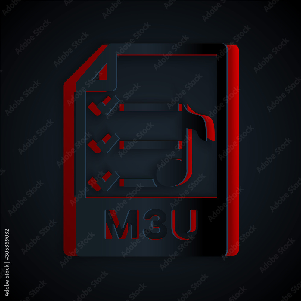 Paper cut M3U file document. Download m3u button icon isolated on black ...