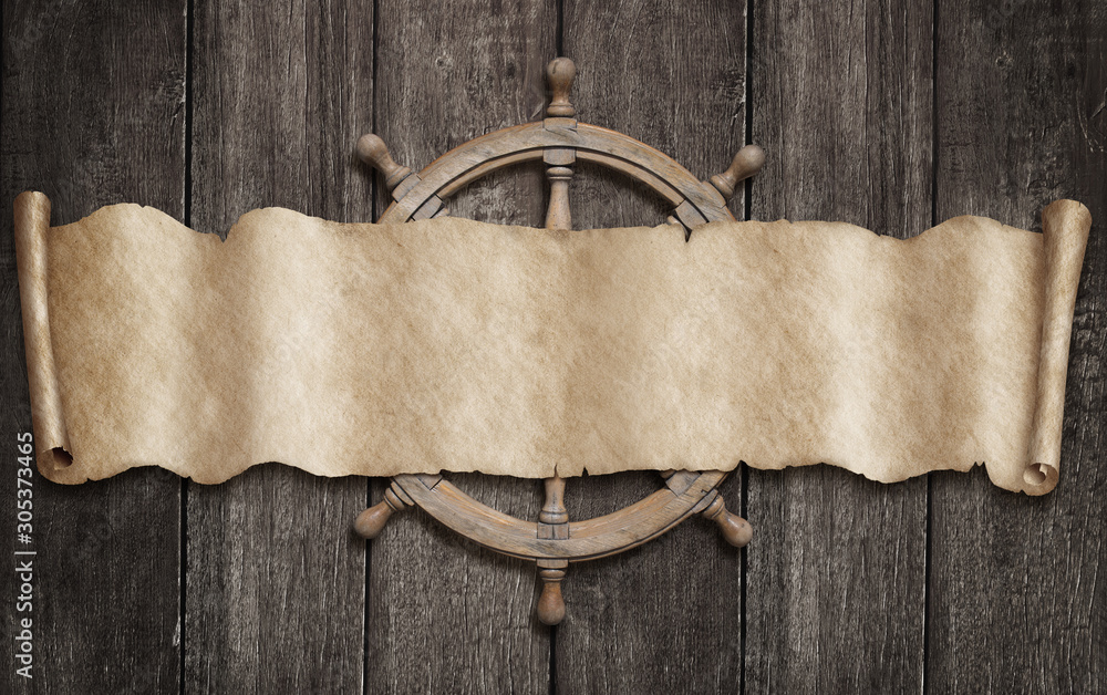 Old pirates map scroll and steering-wheel over wood background. Mixed ...