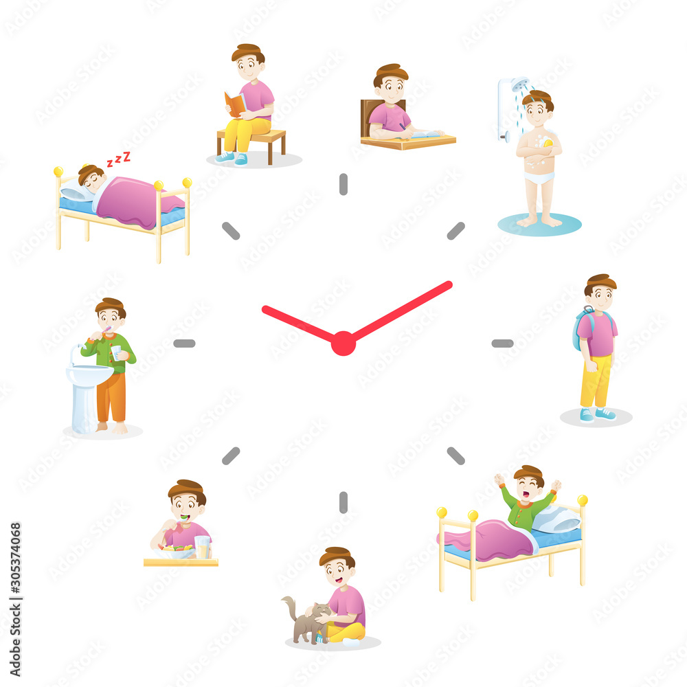 Daily routine with simple watch. Children daily routine activities, A ...