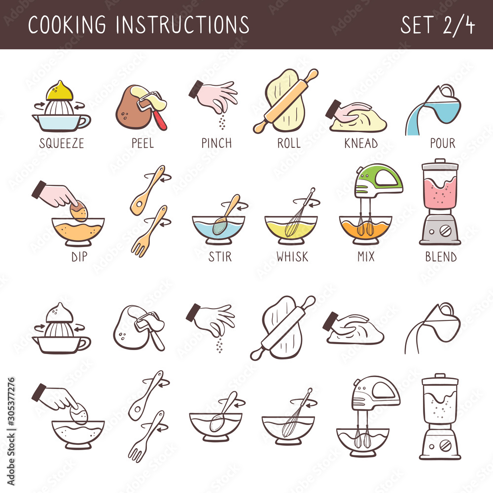 Set of 13 hand drawn cooking icons in two versions: doodle and colorful ...