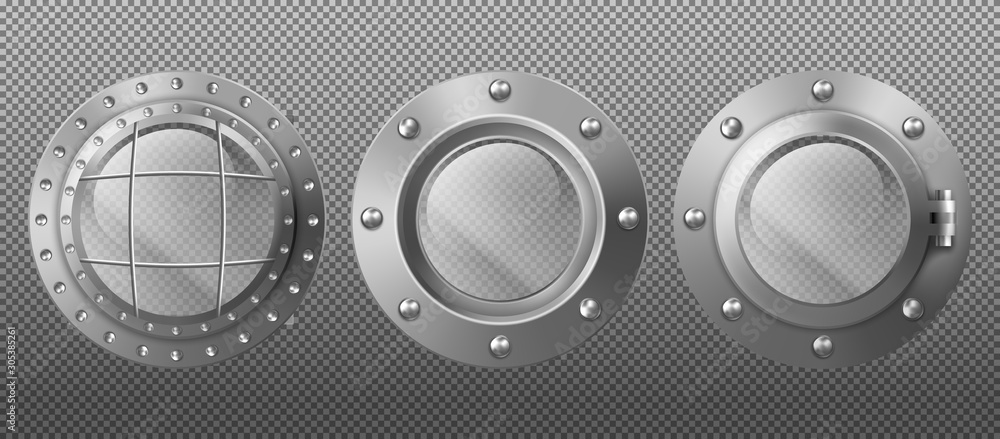 Metal round portholes in ship, submarine or spaceship. Vector set of ...