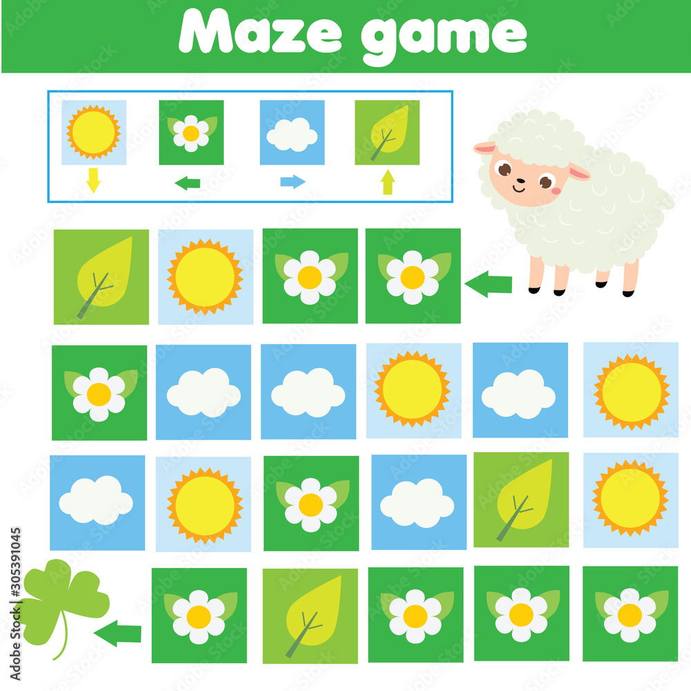 Maze game, animals theme. Kids activity sheet. Logic labyrinth with ...